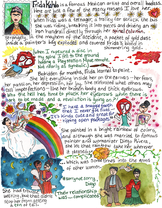 This cartoon summarizes the inspiring life of Frida Kahlo