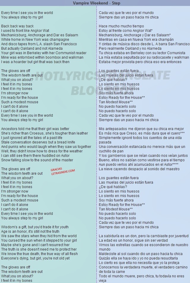 TOP LYRICS TRANSLATED CANCIONES TOP TRADUCIDAS: Vampire Weekend - Step (2013)