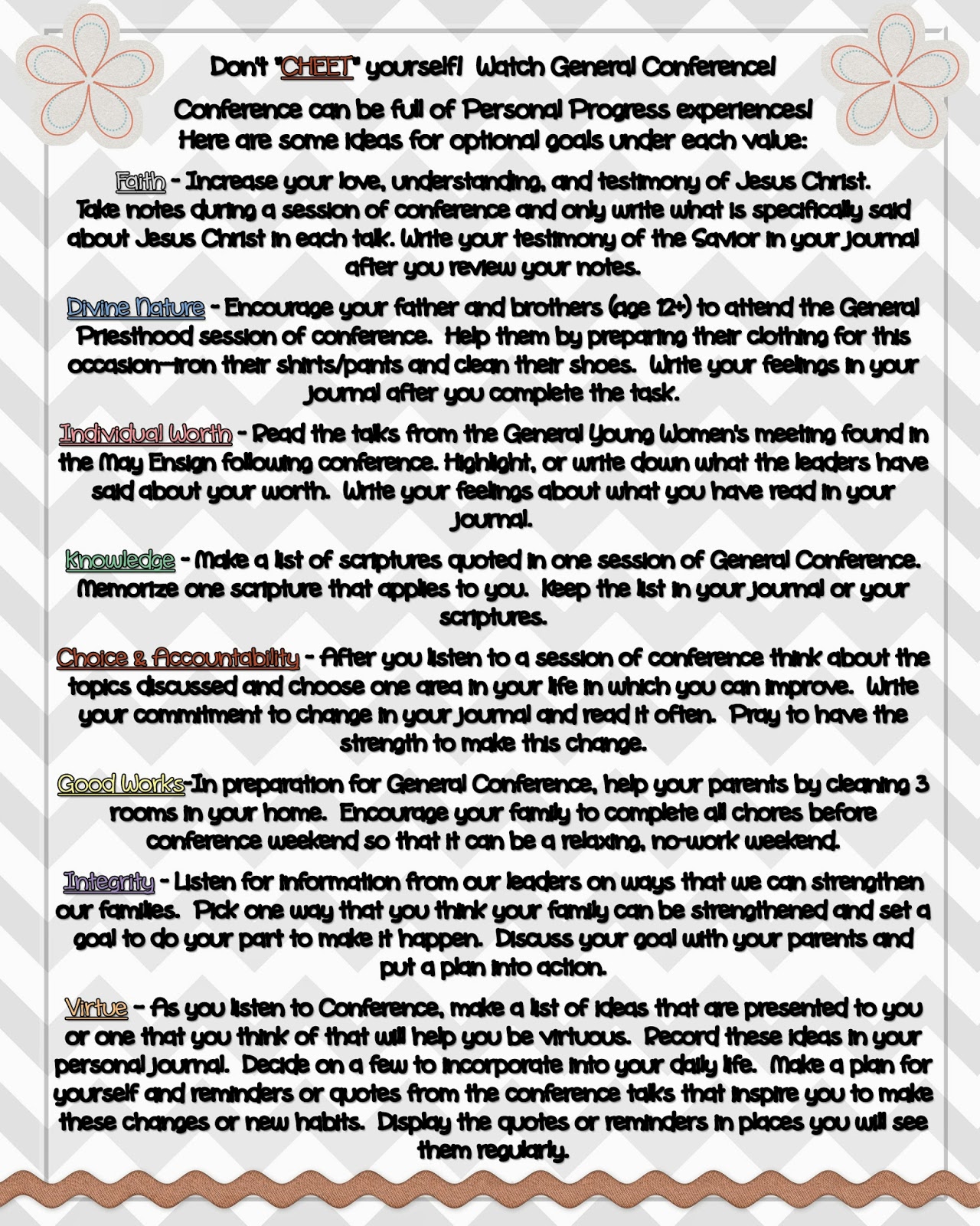 Young Women's Lesson Ideas: Personal Progress Conference Handout