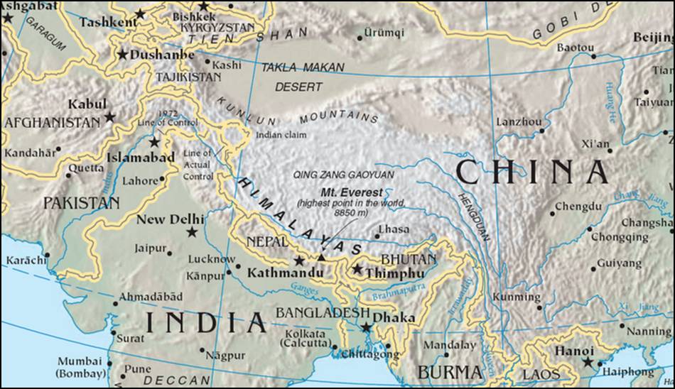 Kaart Himalaya: Kaart Himalaya met hoogste berg op aarde Mount Everest