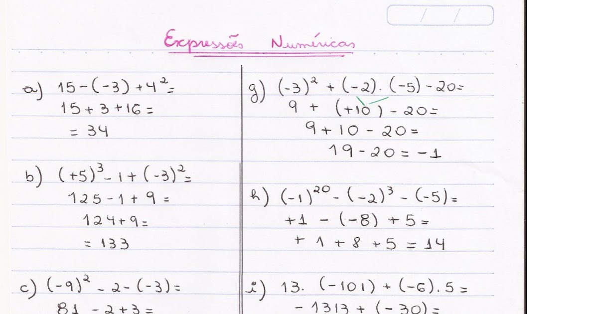 Expressões Numéricas Com Números Inteiros Exercicios 7 Ano - FDPLEARN