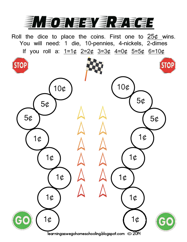 Learning As We Go: Money Race - Math Game Printable