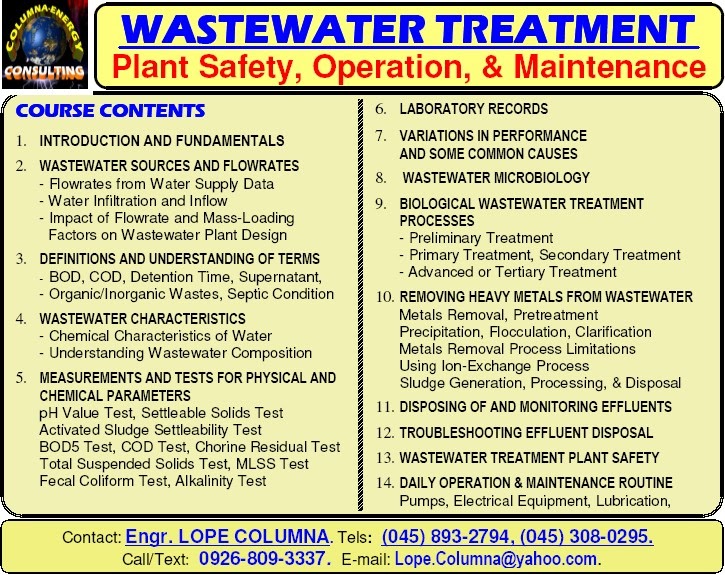COLUMNA ENERGY: WASTEWATER TREATMENT PLANT OPERATION, SAFETY, AND MAINTENANCE COURSE