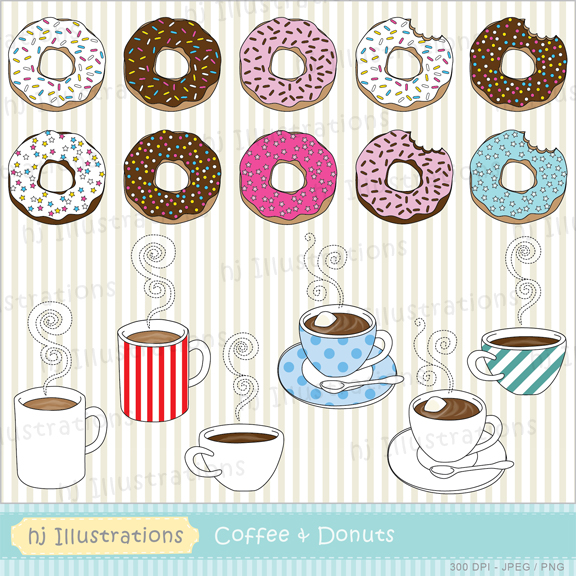 HJ Illustrations: Coffee and donuts digital clipart