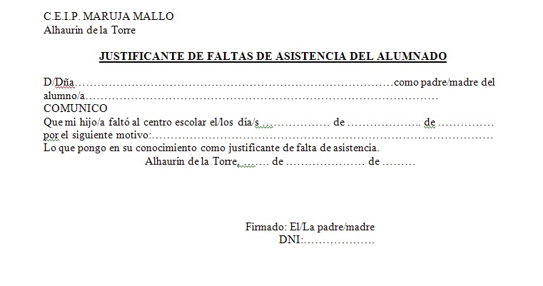 JUSTIFICANTE PARA LAS FALTAS DE ASISTENCIA ~ El blog de Olimpia