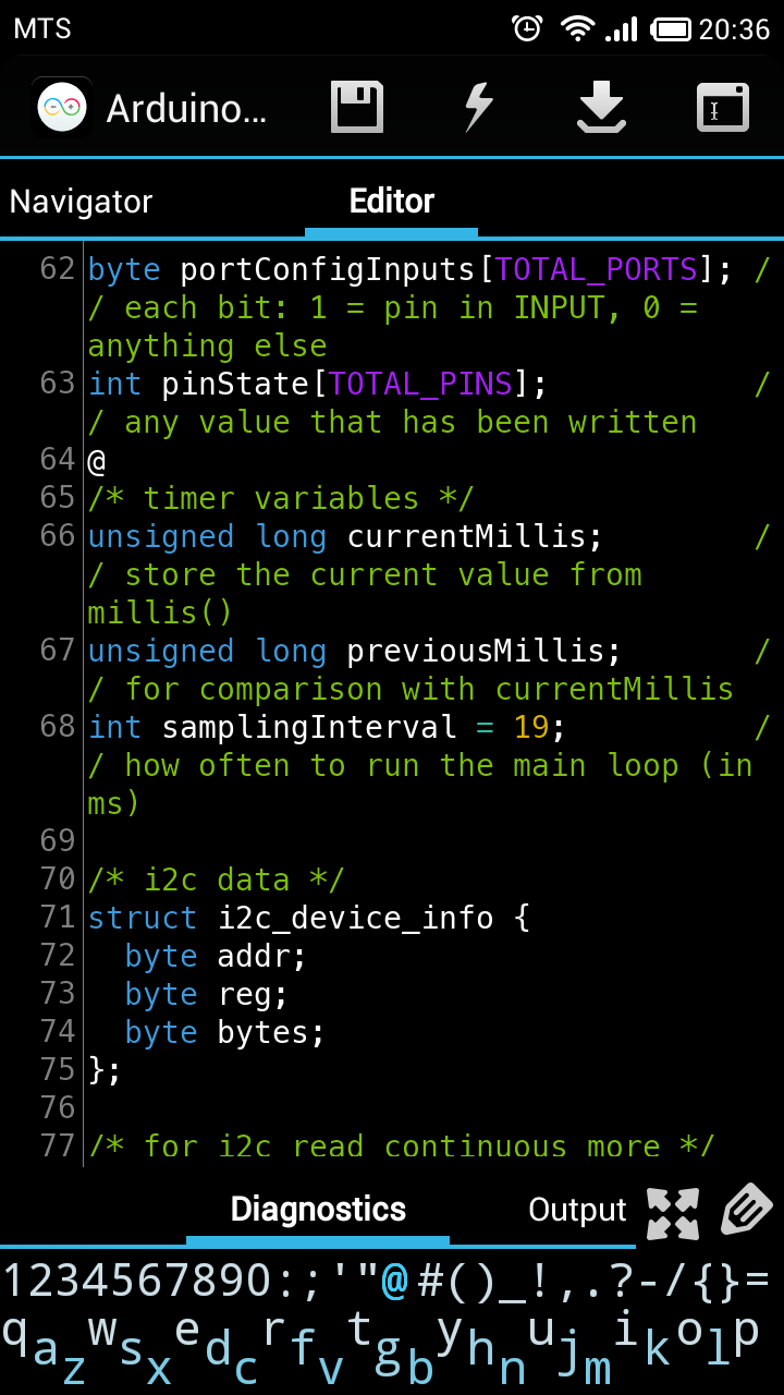 ArduinoDroid - Arduino/ESP8266/ESP32 IDE for Android: Tiny built-in keyboard