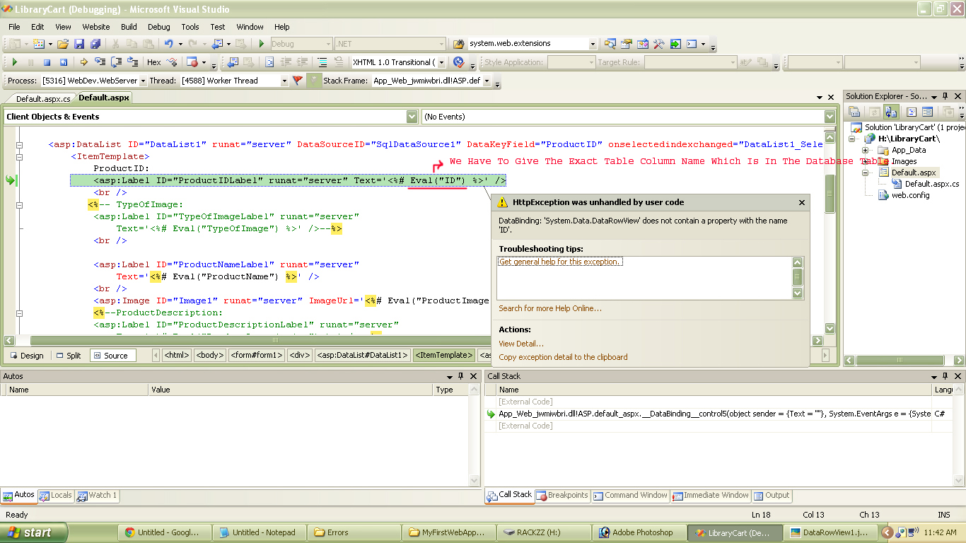 DataBinding: 'System.Data.DataRowView' does not contain a property with the name 'ID'.