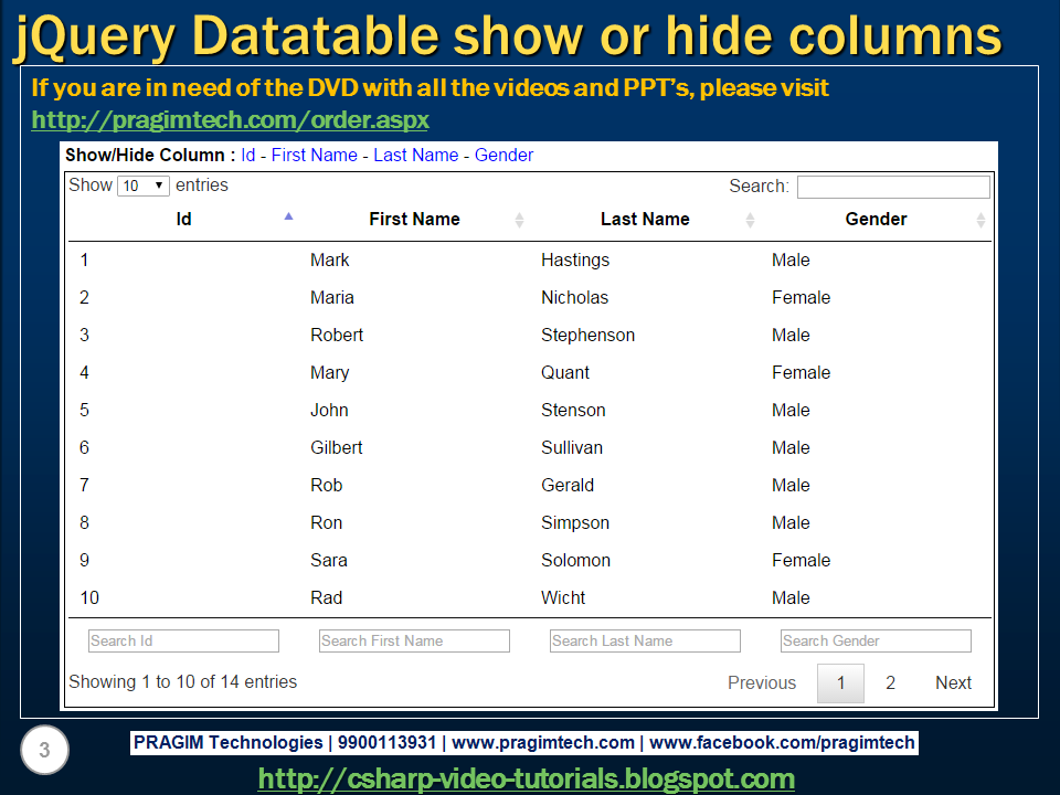 Sql server, .net and c# video tutorial: jQuery datatable show hide columns Sql server, .net and c# video tutorial: jQuery datatable show hide columns