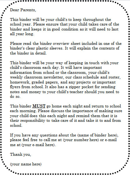 Classroom Binder Parent Letter - Classroom Freebies