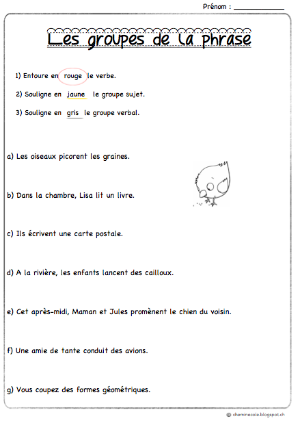 Sur le chemin de l'école: Fiches les groupes de la phrase