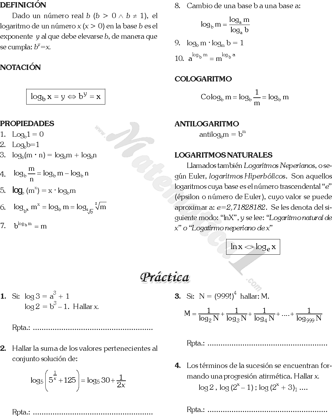 LOS LOGARITMOS EJERCICIOS RESUELTOS PDF