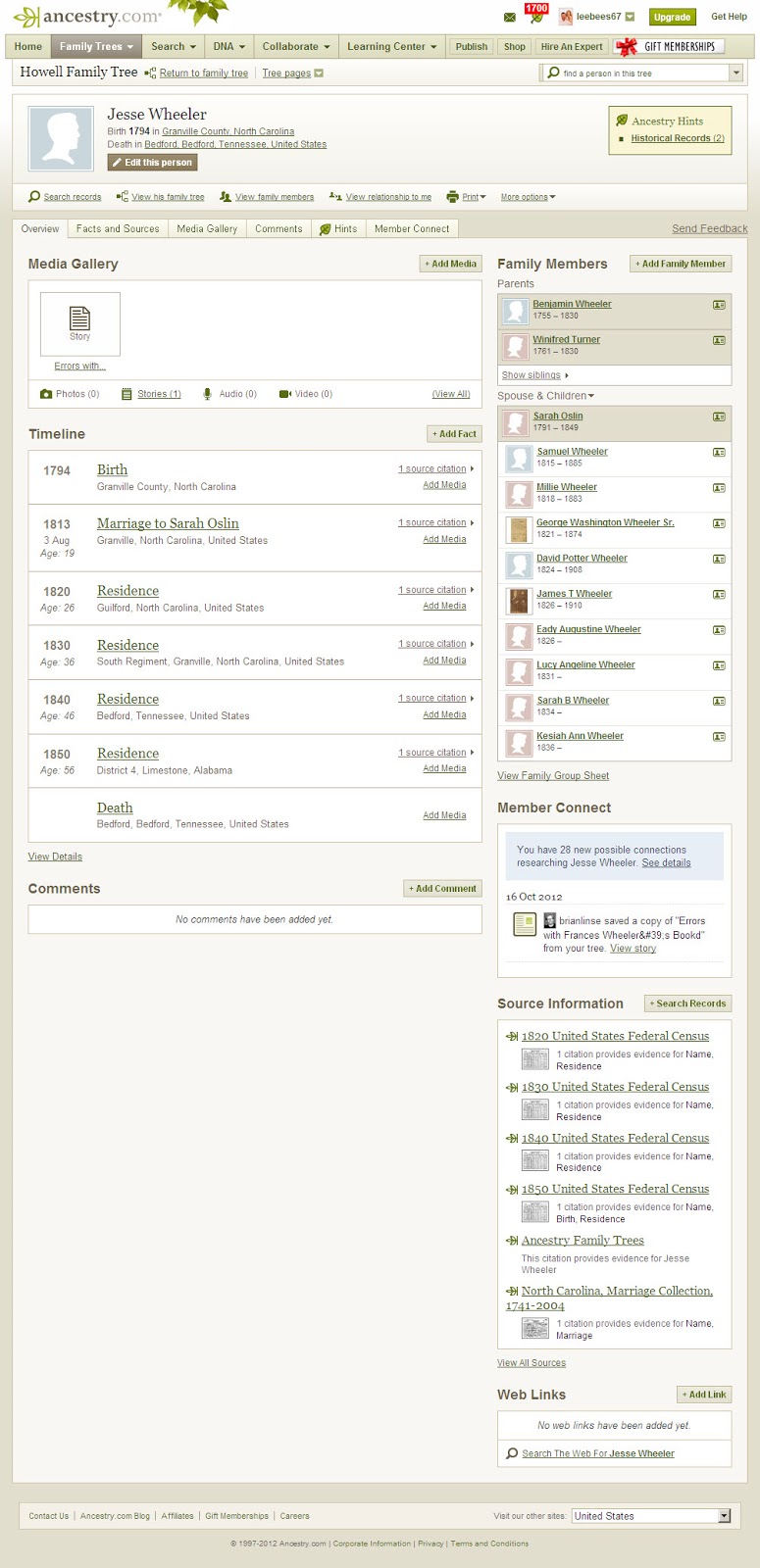 Family History: Generation #7 - Jesse Wheeler and Sarah Oslin