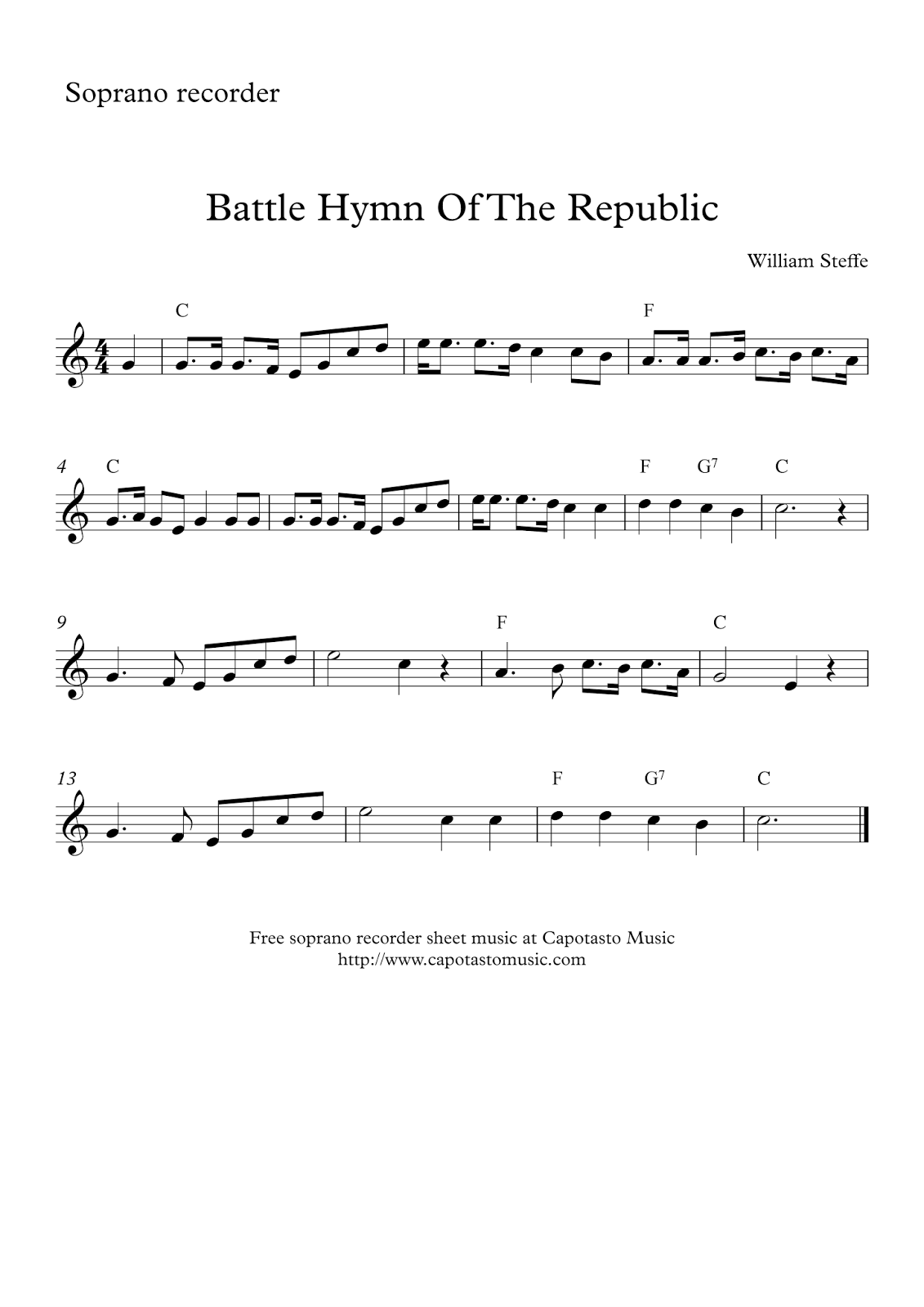 Free easy soprano recorder sheet music, Battle Hymn Of The Republic