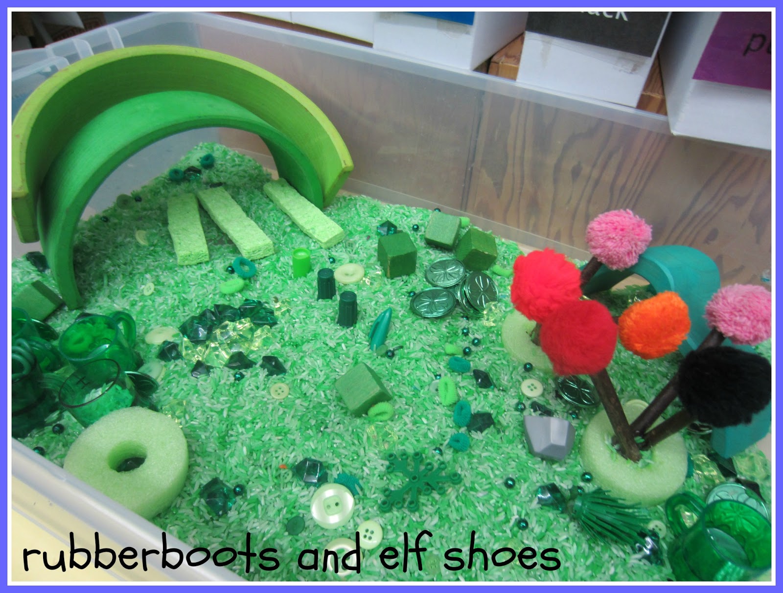 March sensory bin - rubber boots and elf shoes
