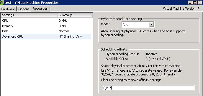 Using VMWare CPU Affinity - Hyperthreaded Core Sharing (HT Sharing)