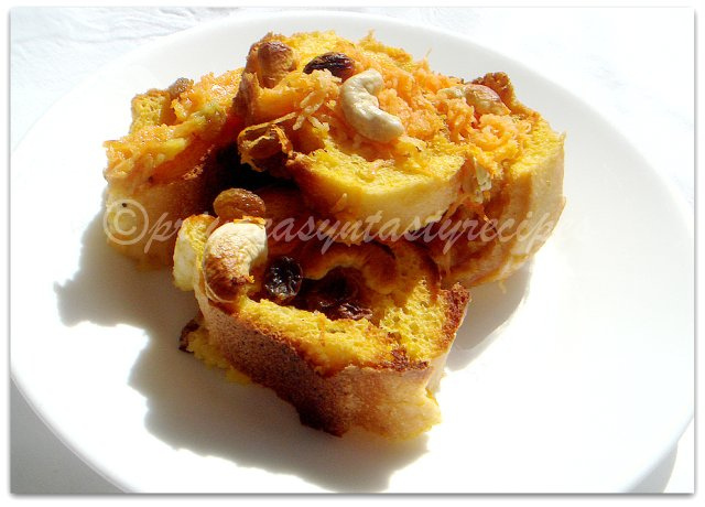 Priya's Versatile Recipes: Eggless Carrot & Raisins Bread Pudding