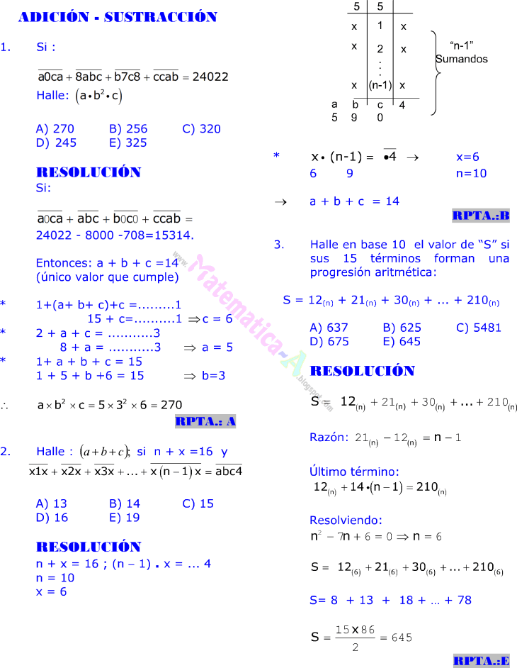 ADICIÓN Y SUSTRACCIÓN EJERCICIOS RESUELTOS ~ MATEMATICAS PROBLEMAS ...