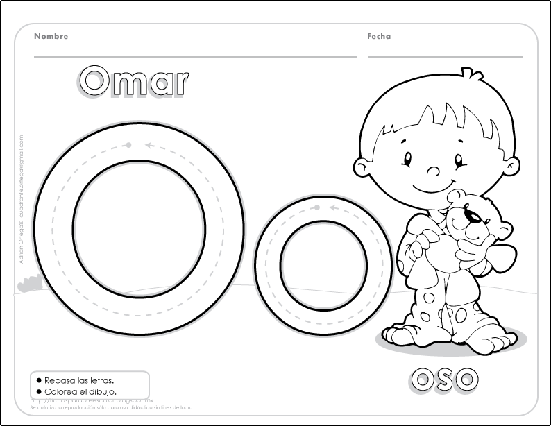 Fichas para preescolar: Un abrazo para trabajar la letra o