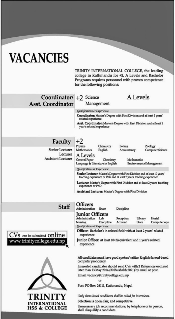 Mega Nepal: Vacancy Announcement at TRINITY INTERNATIONAL COLLEGE