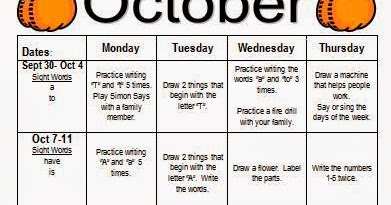 Mrs. Bumgardner's Kindergarten: October Homework Calendar- Reading ...