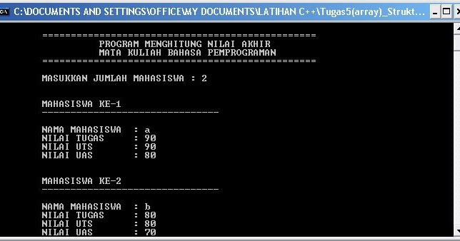 Welcome to My Blog ☺: Program Menghitung Nilai Akhir (Array) dengan C++ Welcome to My Blog ☺: Program Menghitung Nilai Akhir (Array) dengan C++