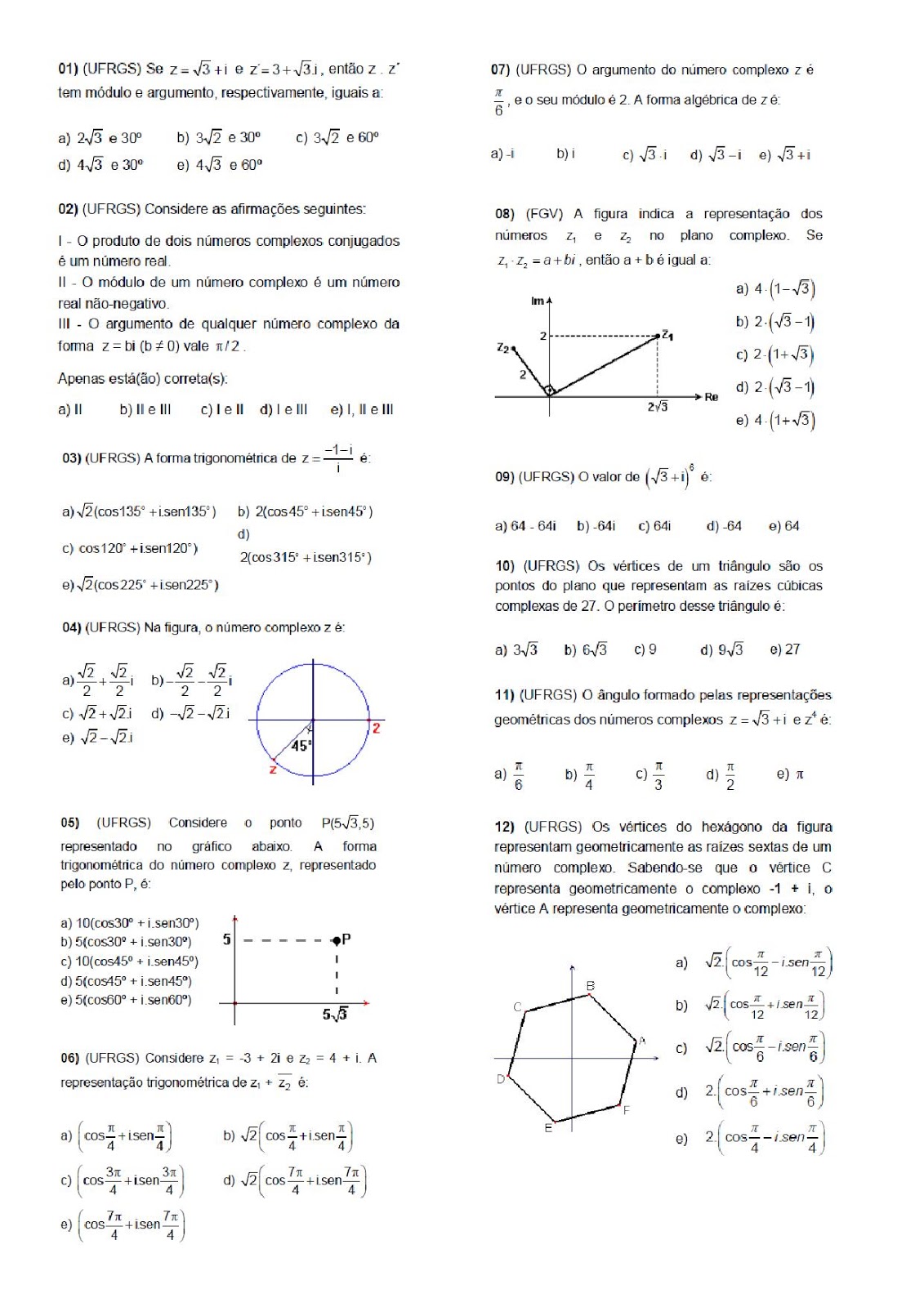 Lista De Exercícios Números Complexos Com Gabarito - FDPLEARN