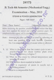 Steam and power generation - May 2013 - B.Tech. 4th Semester Question Paper