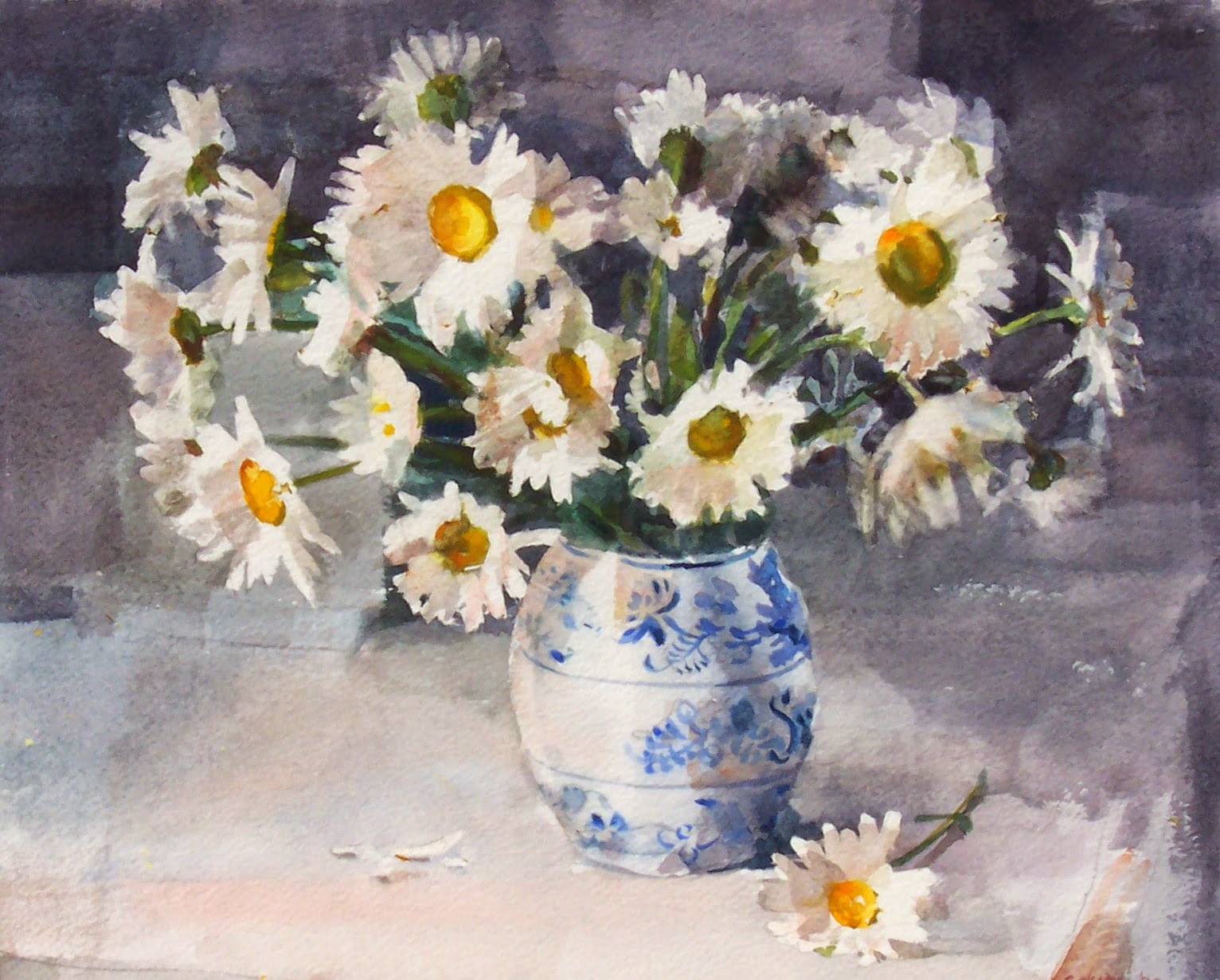 Art Every Day Daisies In Dutch Vase still Life Watercolor 10x12 art-every-day-daisies-in-dutch-vase-still-life-watercolor-10x12