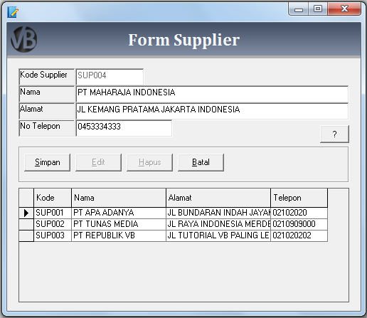 Belajar Visual Basic 6.0: Membuat Form Supplier Pada VB 6.0 Belajar Visual Basic 6.0: Membuat Form Supplier Pada VB 6.0