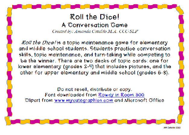 Speech with Sharon: Worth it Wednesday {Roll the Dice! A Conversation Game}