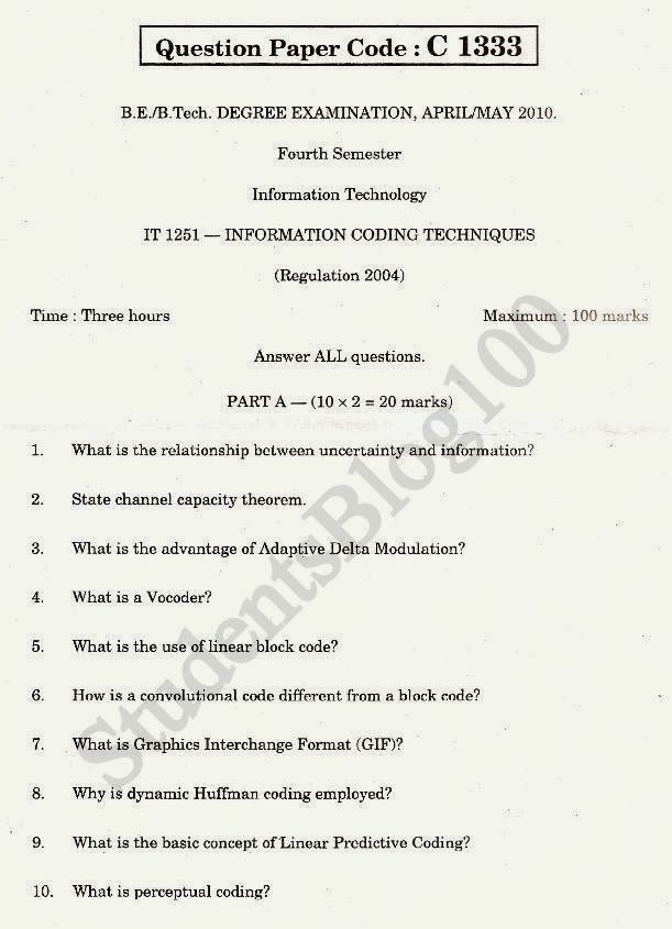 ITC - INFORMATION THEORY & CODING MAY/JUNE 2010 QUESTION PAPER FOR 5TH SEM IT - ANNA UNIVERSITY ...