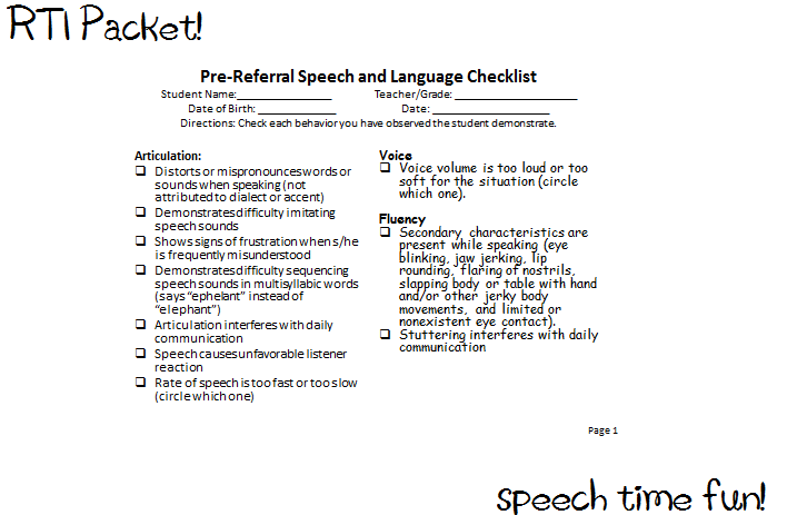 RTI Pre-Referral Speech/Language Materials - Speech Time Fun: Speech ...