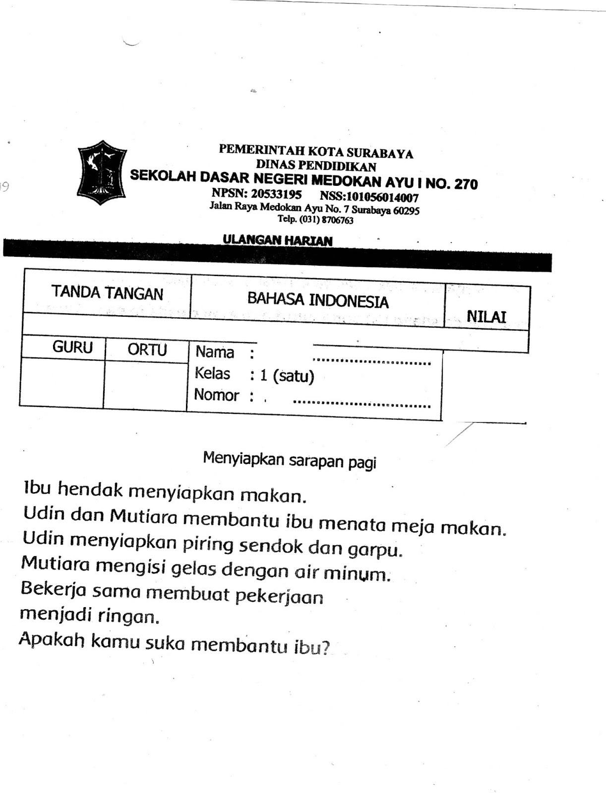 Soal Penilaian Harian Kelas 1 Sd Soal Penilaian Harian Kelas 1 Sd