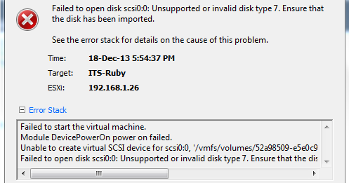 Failed to start a VMware virtual machine