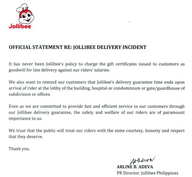 Jollibee Issues Official Statement On Delivery Incident jollibee-issues-official-statement-on-delivery-incident