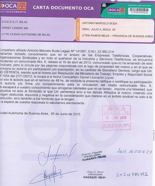 Telefónicos: Carta Documento a Antonio Buda; Secretario General electo del S.O.E.E.S.I.T Bs. As.