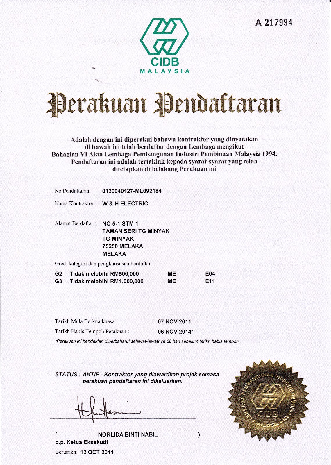 KONTRAKTOR ELEKTRIK: SIJIL PENDAFTARAN W & H ELECTRIC
