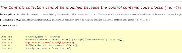 The Controls collection cannot be modified because the control contains code blocks (i.e. ).