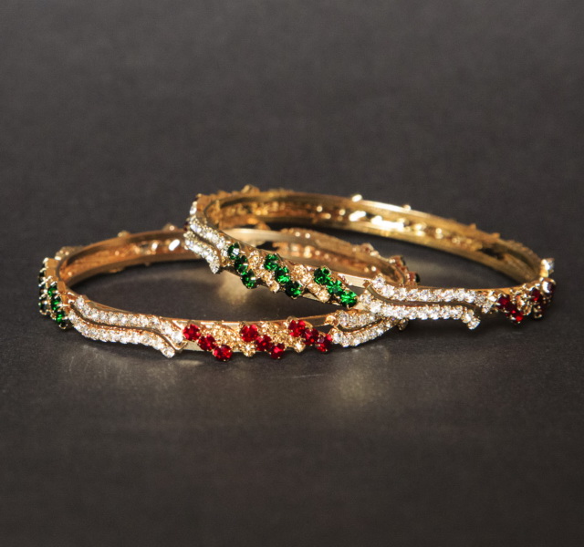 Double layered red and green white stone bangle