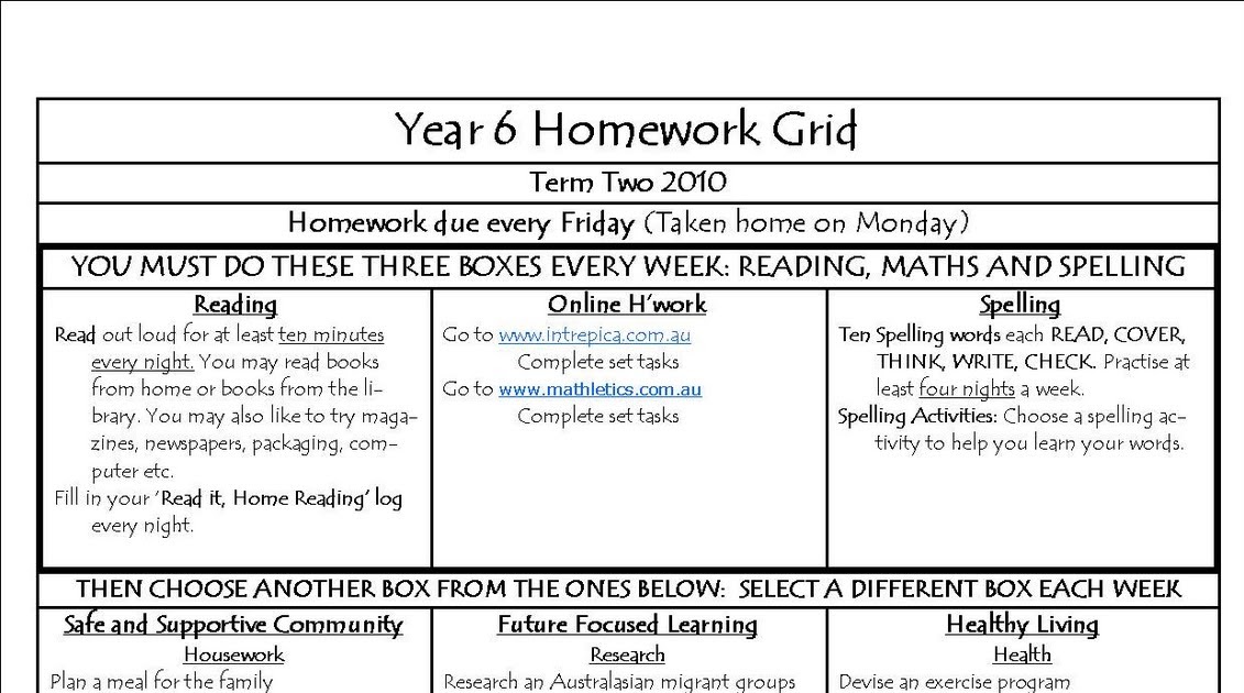 Grade6A: Term 2 Homework Grid