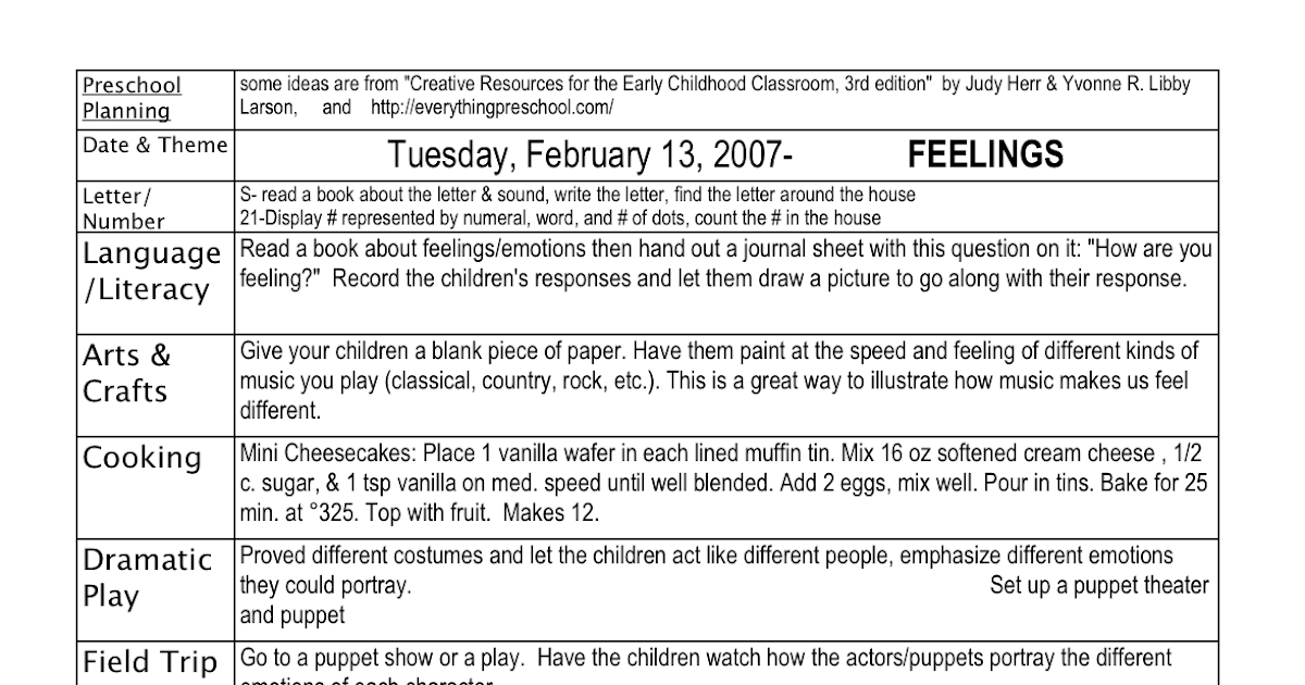 Preschool Is Fun Planning Activities: Feelings Lesson Plan