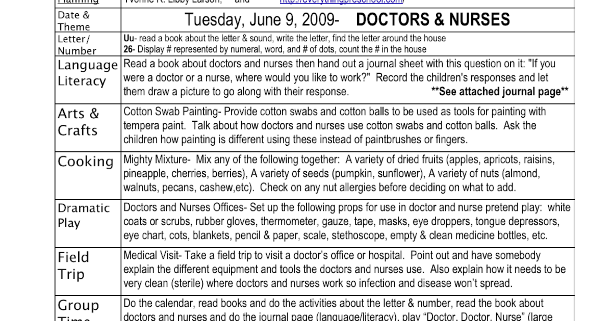 Preschool Is Fun Planning Activities: Doctors/Nurses Lesson