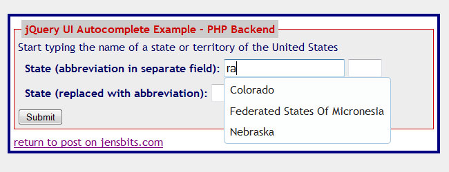 Website Classroom: jQuery UI Autocomplete Widget with PHP and MySQL Website Classroom: jQuery UI Autocomplete Widget with PHP and MySQL