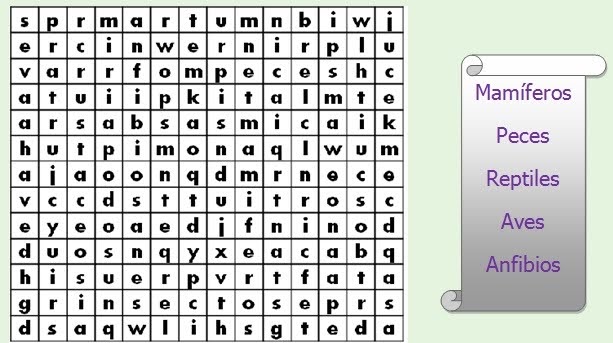 Los Animales Vertebrados: Sopa de letras