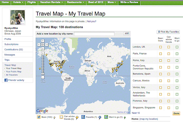 Ryukyu Life: My Trip Advisor Travel Map Needs 100 More Places