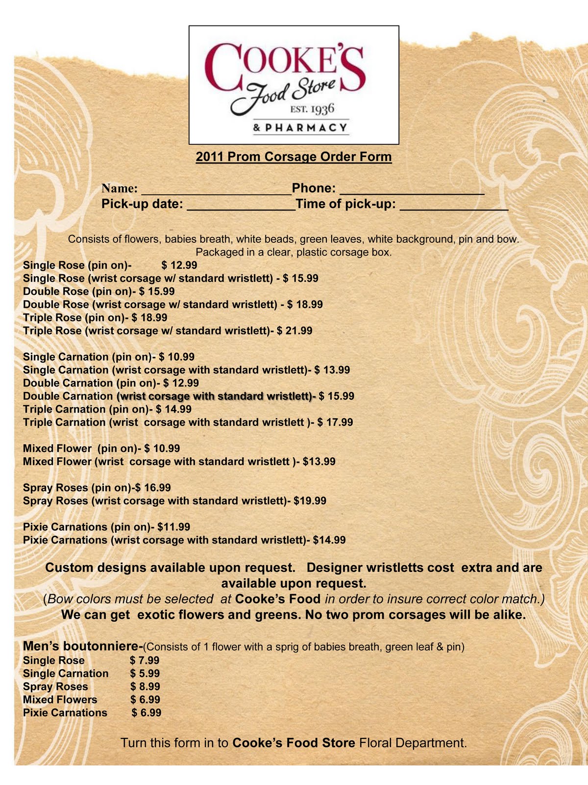 Cooke's Food Store: Prom Corsage Order Forms