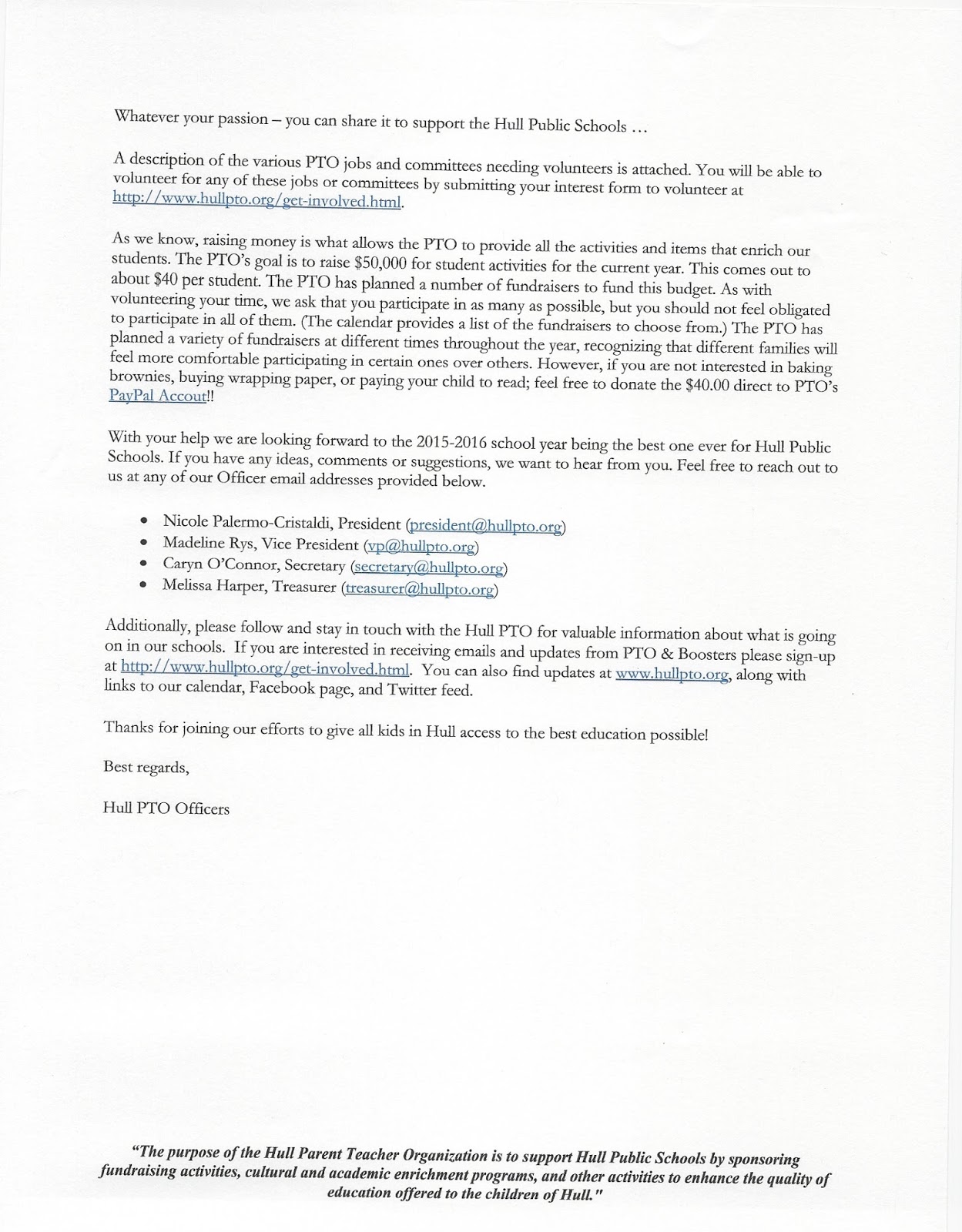 The Hull High School Blog: Letter from the PTO