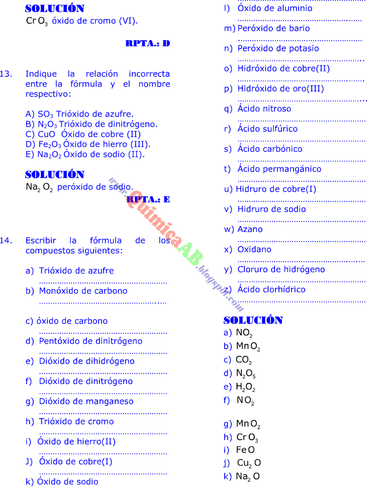 NOMENCLATURA INORGÁNICA PROBLEMAS RESUELTOS TIPO EXAMEN DE INGRESO A LA UNIVERSIDAD ~ QUÍMICA ...
