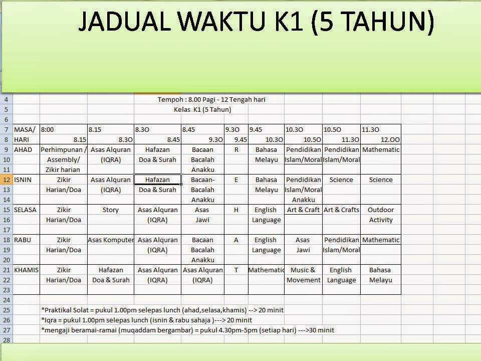 Selamat Datang ke Tadika Pendita Khalifah: JADUAL WAKTU KELAS TADIKA