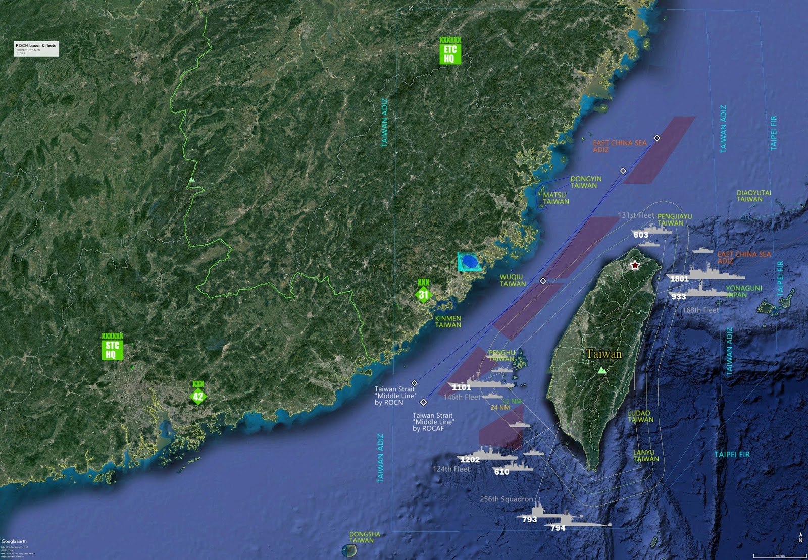 Taiwan strait: ROCN bases & mojor fleets